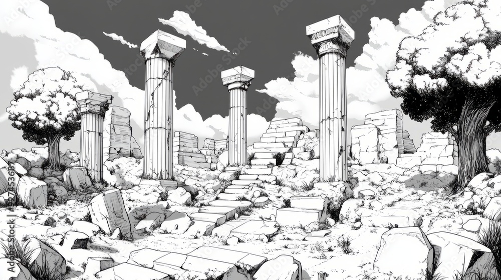 Black and white illustration of an ancient Greek temple ruin with ...