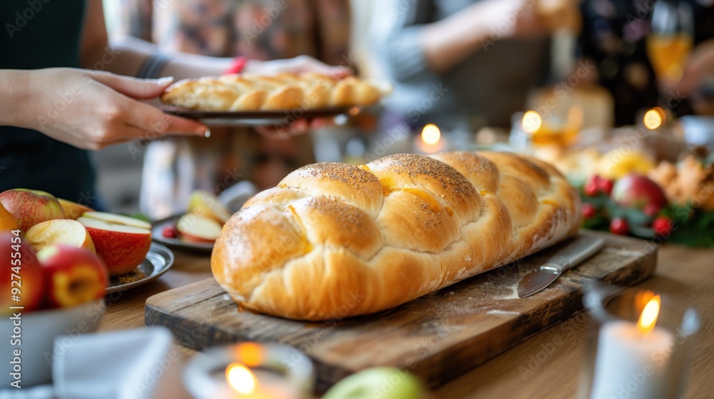 Festive Rosh Hashanah table with traditional foods like apples, honey ...