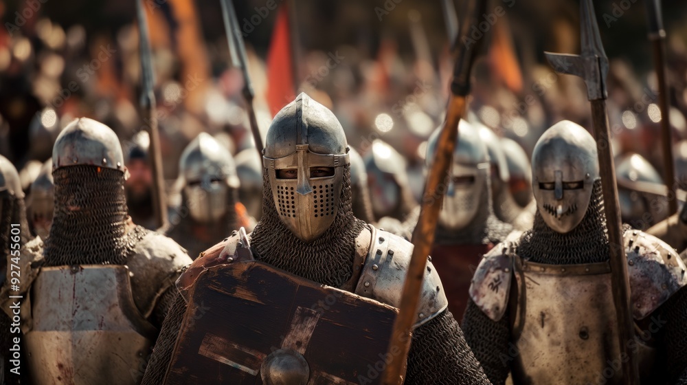 Medieval knights don armor and hold weapons, gathering in an open field ...