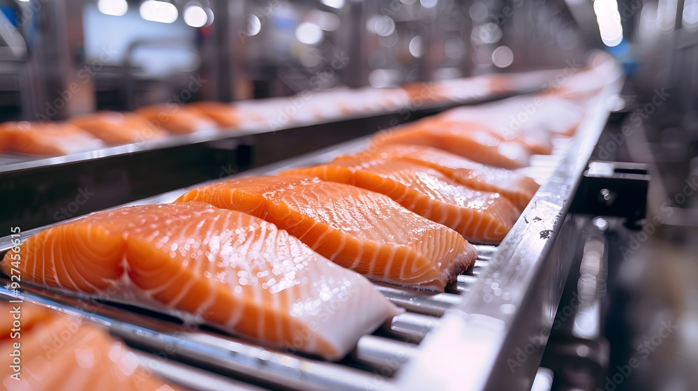 Close-up of a fresh salmon fillet on a conveyor belt in a fish ...