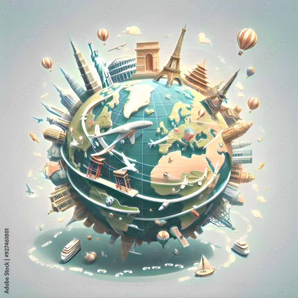 A 2D animated poster showing a globe spinning slowly, with famous ...