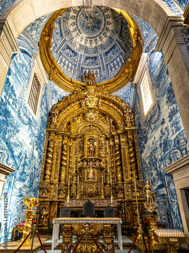 Main altar of Igreja de Sao Lourenco church in Almancil, Portugal, with ...
