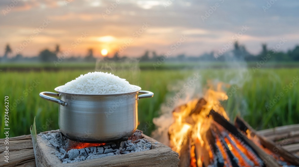 Steaming rice in a traditional pot over an open fire in a rural setting ...