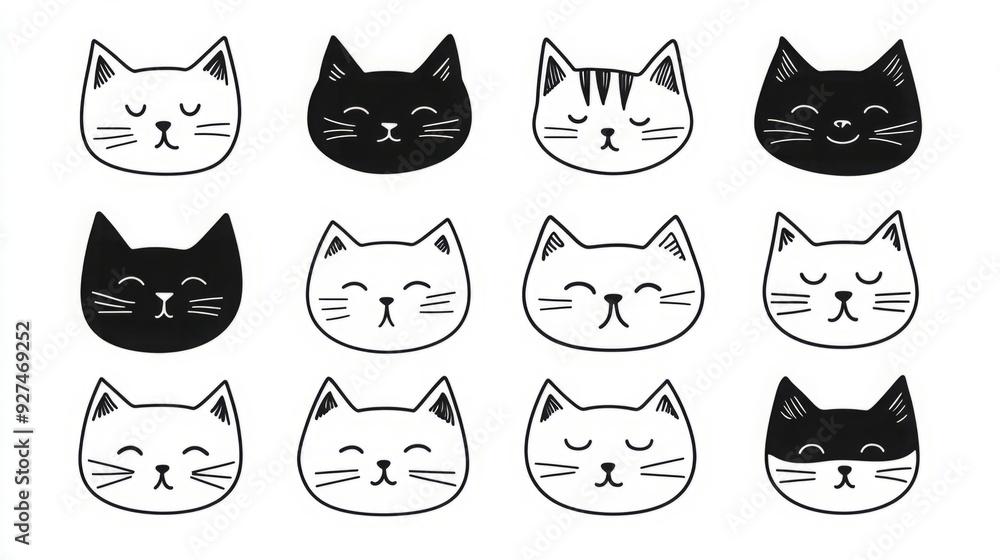 Adorable Cat Emoticons Collection: High-Definition Black and White ...