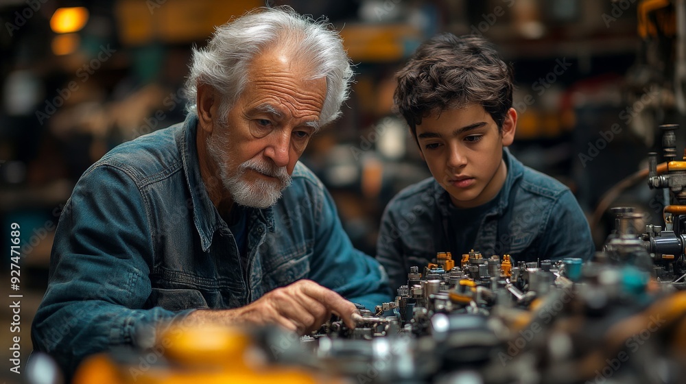 An older mechanic teaching a younger apprentice the intricacies of ...