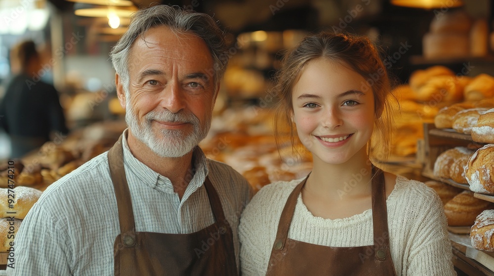 father and daughter working together in a modest family-owned bakery ...