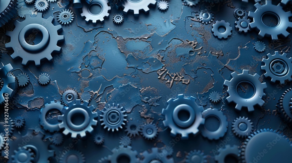 The image portrays a metallic background filled with gears, offering a ...
