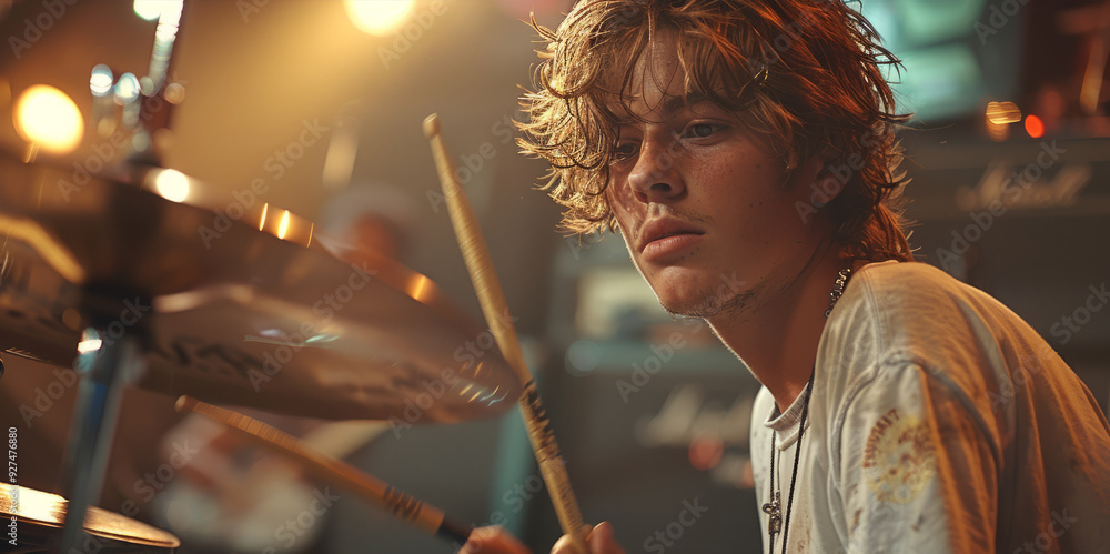 The camera zooms in on a young drummer, his face a picture of ...