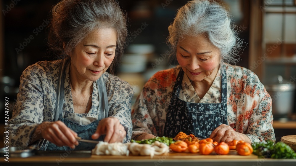 Japanese Grandmother Preparing Traditional Foods With Her Granddaughter