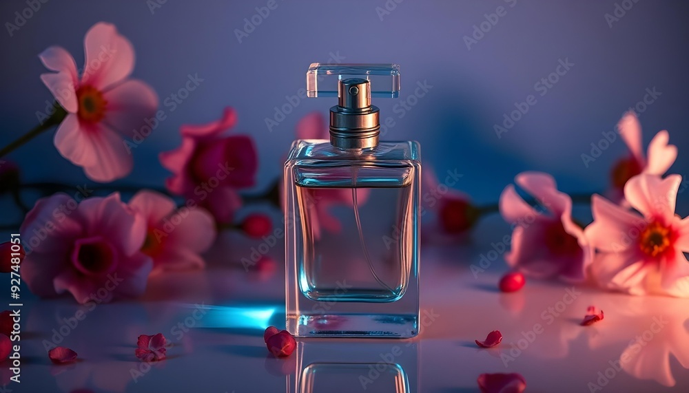 Minimal perfume bottle and flowers all over the set, top light on top ...