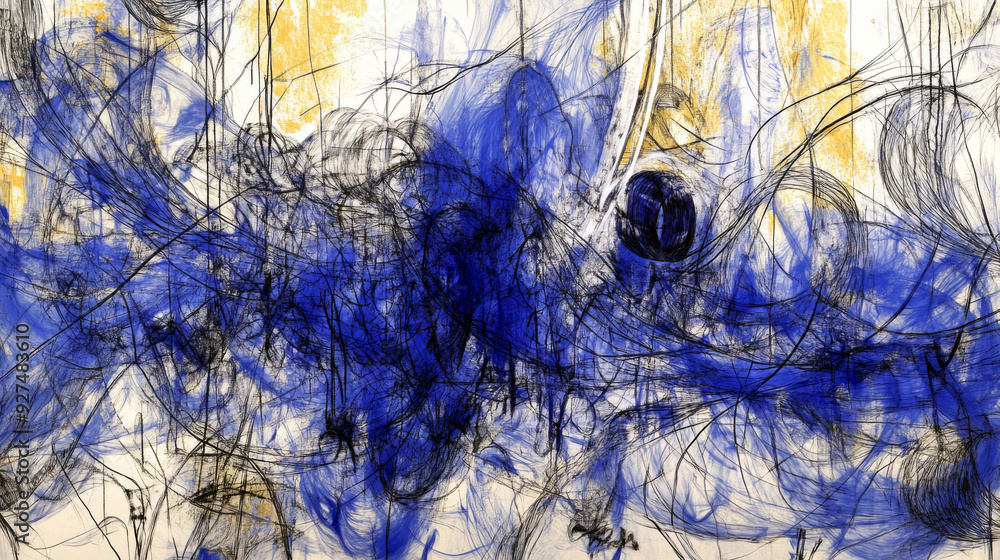 Abstract composition with energetic blue and black lines intertwining ...