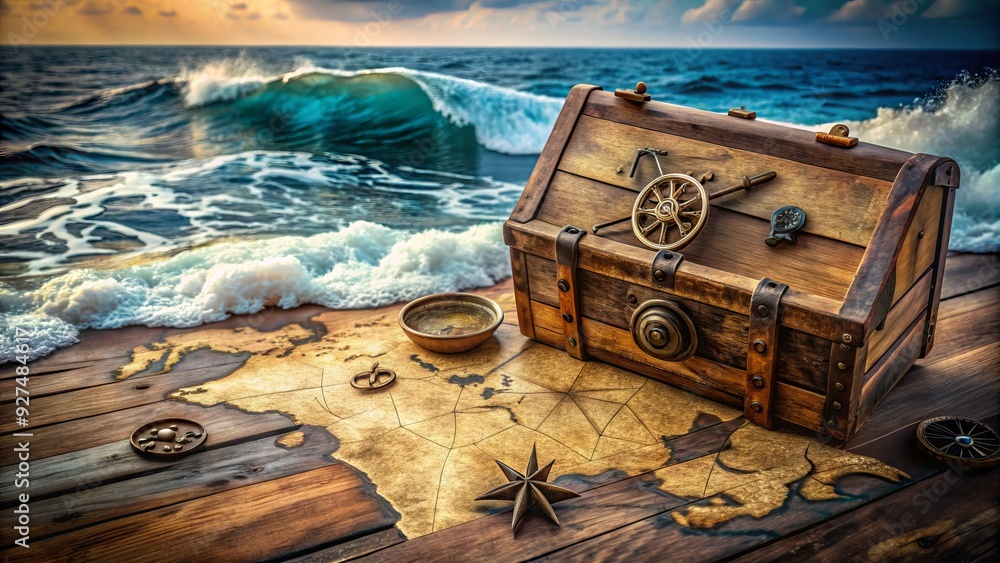 A weathered treasure map unfolds on a rustic wooden chest, surrounded ...
