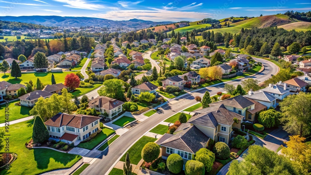 Bird's eye view of a suburban neighborhood with tree-lined streets ...