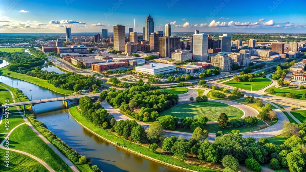 Bird's eye view of Omaha, Nebraska, showcasing the Missouri River ...