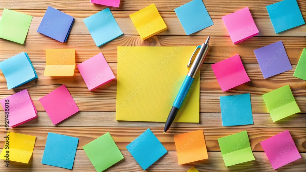 Brightly colored sticky notes and pens scattered on a modern workspace ...