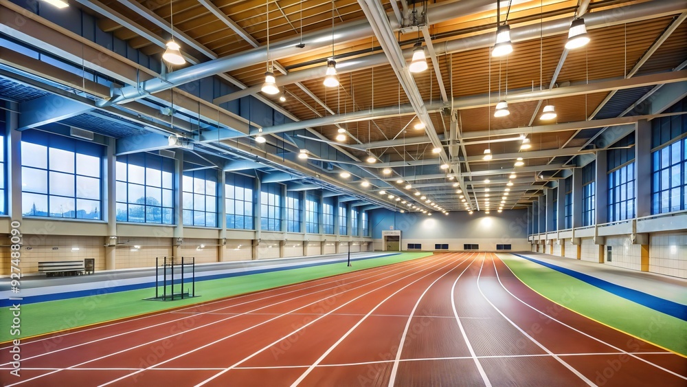 Brightly lit, empty, and immaculately maintained indoor running track ...