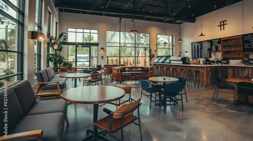 Modern Christian cafe with community gathering spaces and open Bibles ...