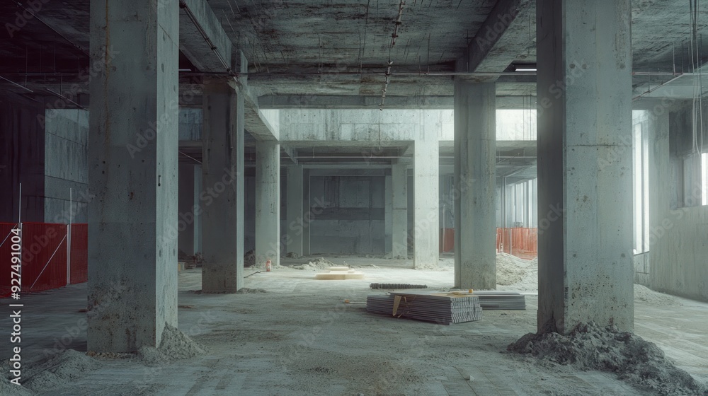 An unfinished interior of a building with exposed concrete columns ...