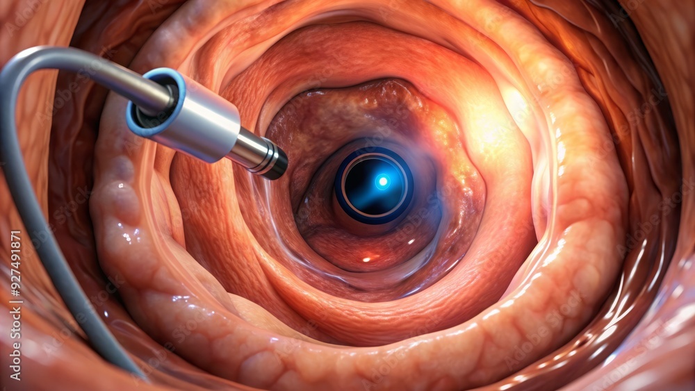 Close-up of a colonoscopy procedure showing a flexible tube with a ...
