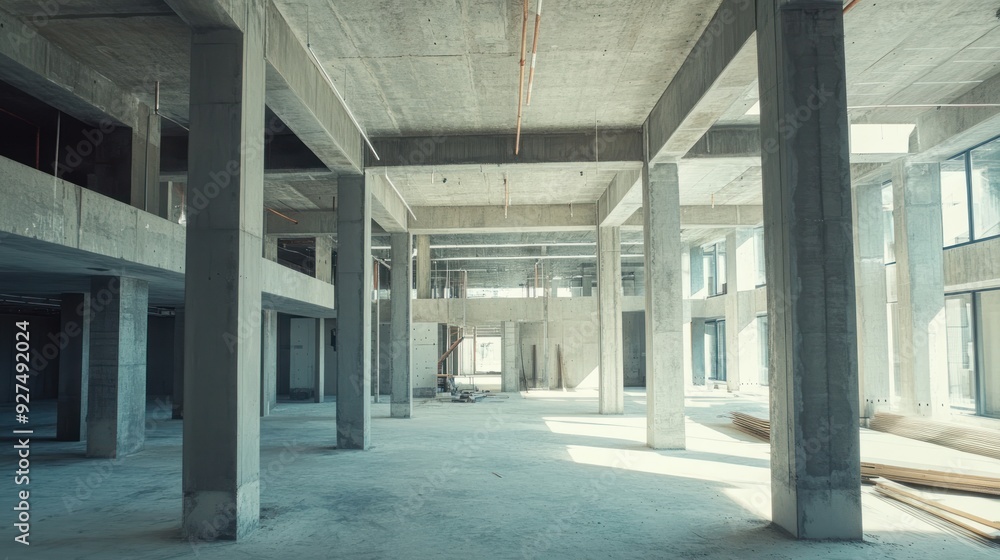 An unfinished interior of a modern building showcasing bare concrete ...