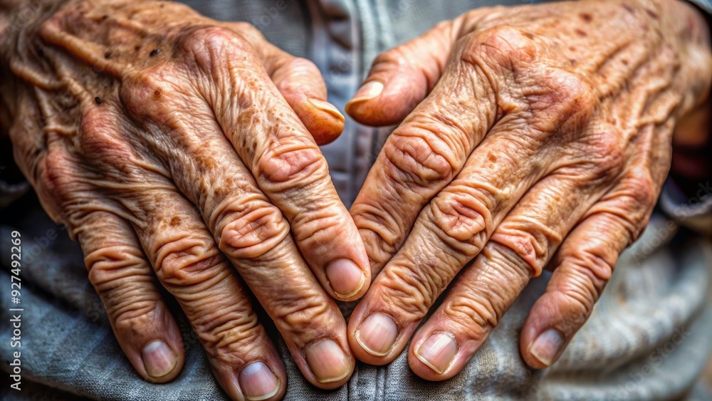 Close-up of aged, wrinkled hands with thin, sagging skin, showcasing ...