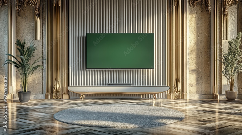 A modern green screen television set displayed in a cozy room with soft ...