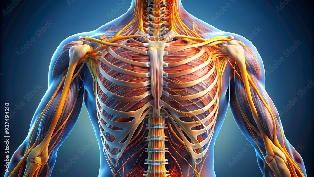 Close-up of the human spine and torso, highlighting the intricate ...