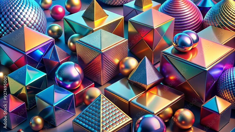 Colorful 3D geometric shapes, spheres, pyramids, and cubes, overlap and ...