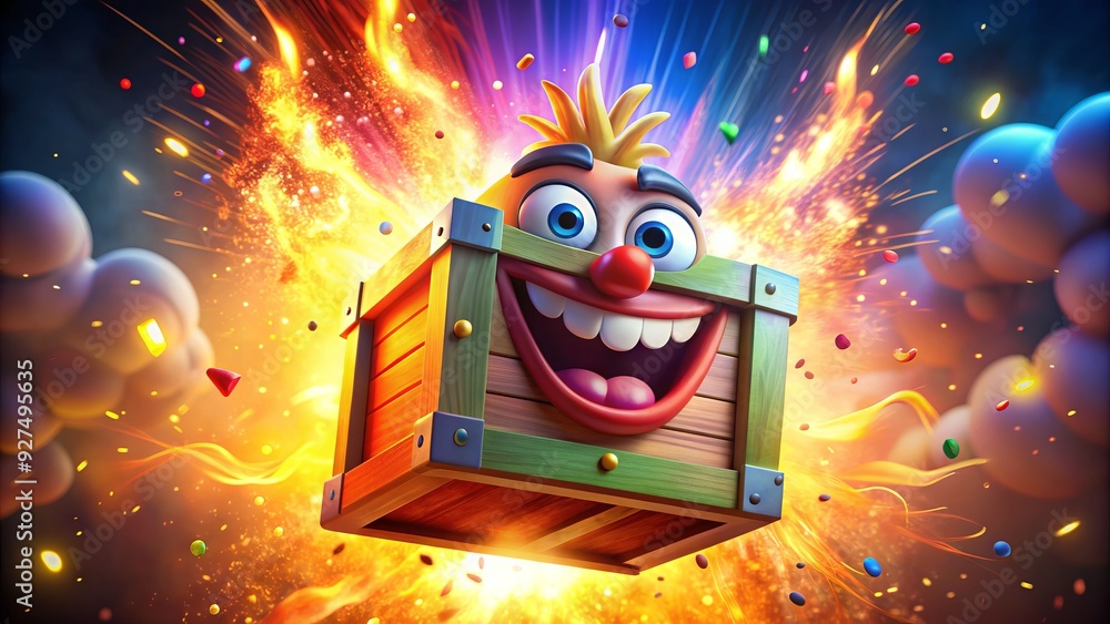 Colorful animated explosives crate with a goofy, exaggerated expression ...