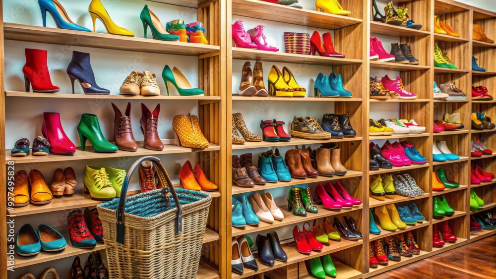 Colorful array of high heels, sneakers, boots, and sandals overflow ...