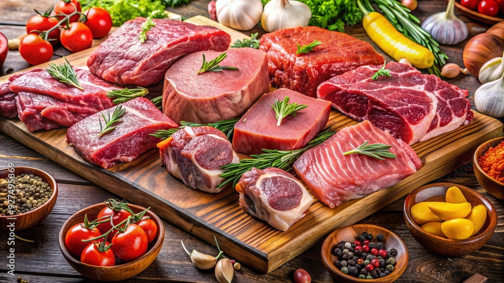Colorful array of raw meats displayed on a butcher block counter, each ...