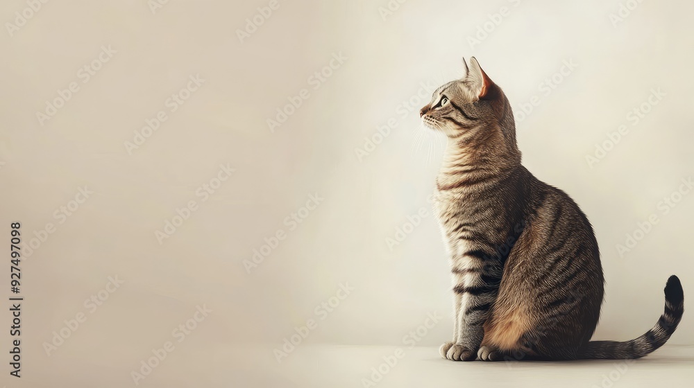 A majestic cat sitting upright, with its tail curled around its paws ...