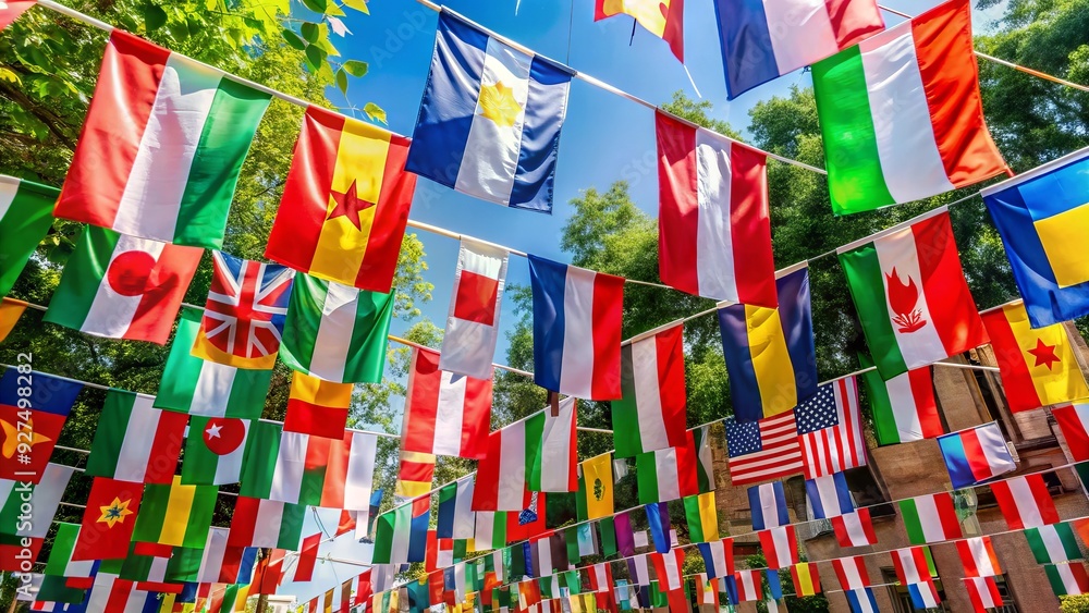 Colorful flags of different countries hang from a horizontal pole ...