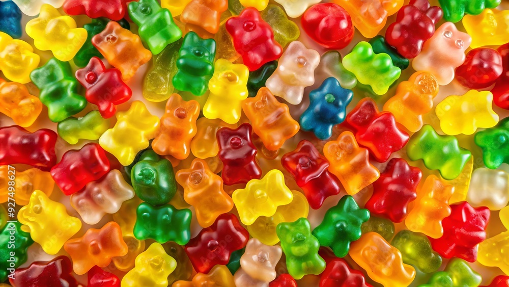 Colorful gummy bears in various shapes and sizes create a vibrant ...