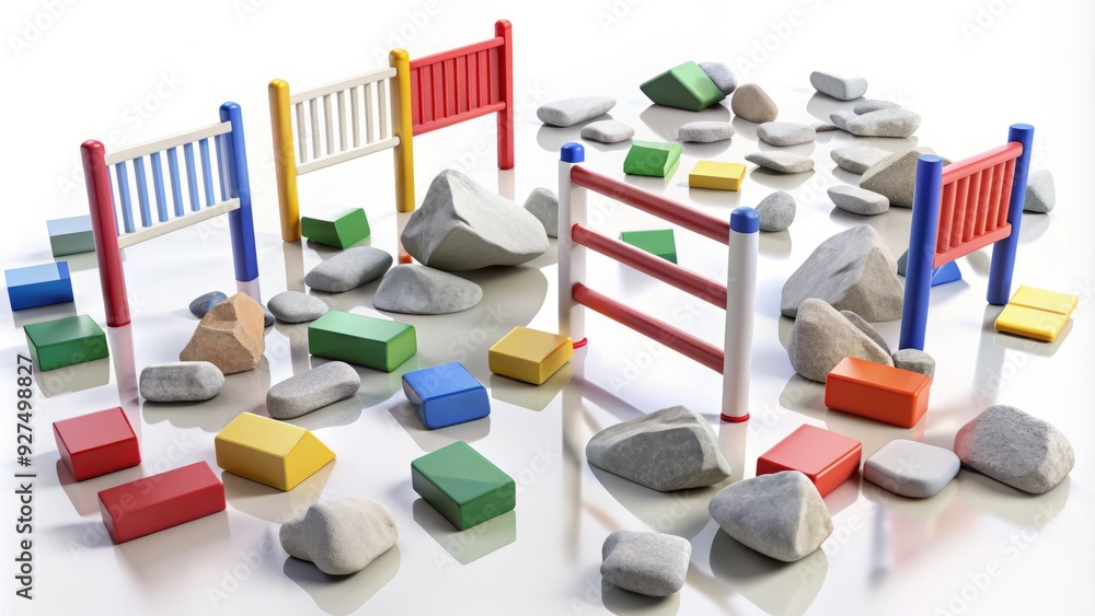 Colorful icons of obstacles like rocks, hurdles, and fences are ...