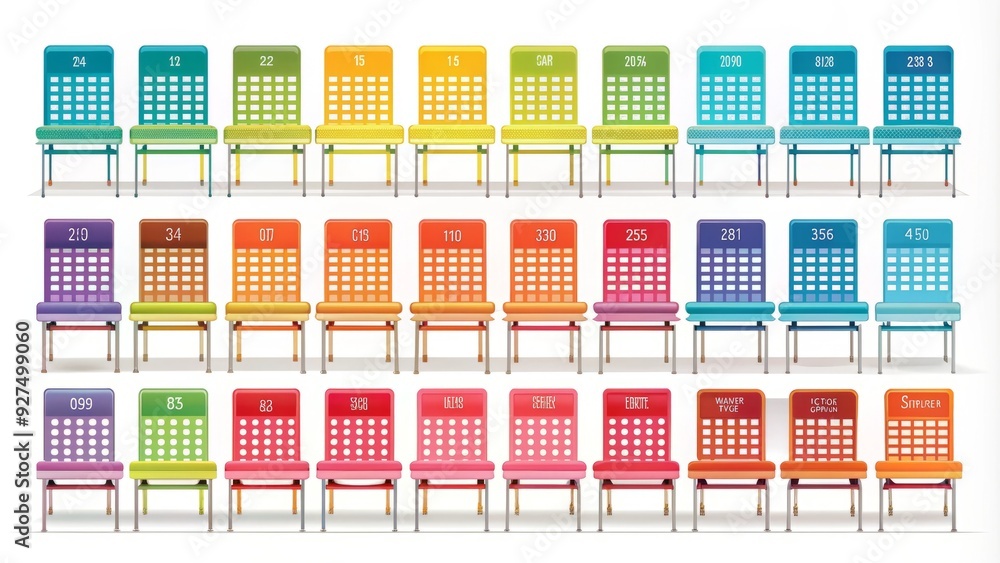 Colorful illustrated seating chart displaying rows and columns of ...