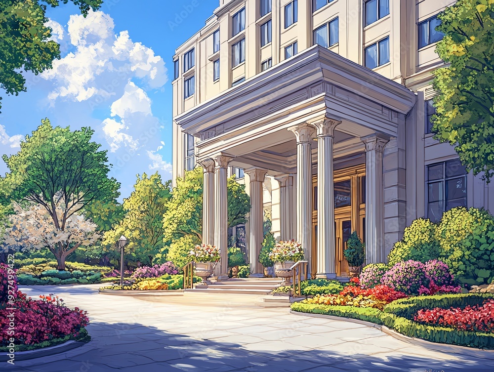 Artistic depiction of a highrise building with a classical portico ...