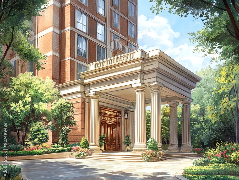 Artistic depiction of a highrise building with a classical portico ...