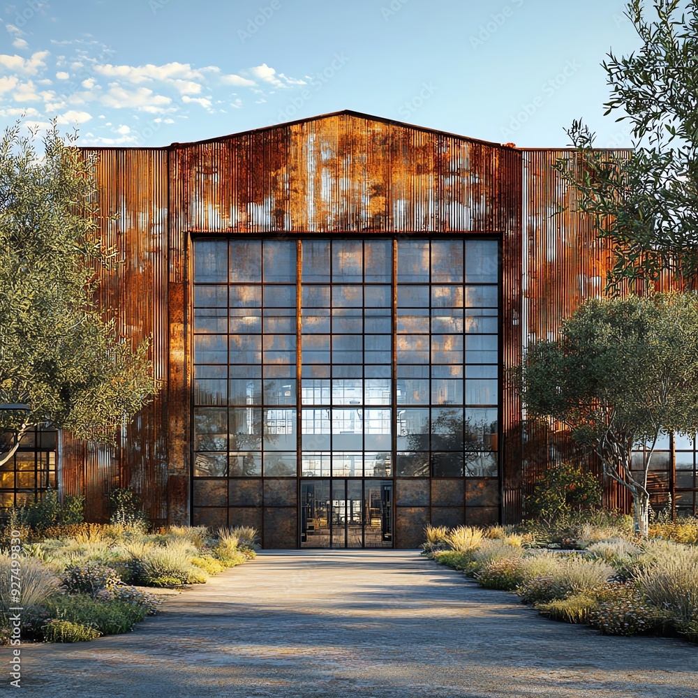 Artistic rendering of a factory with a rusted metal exterior and rugged ...