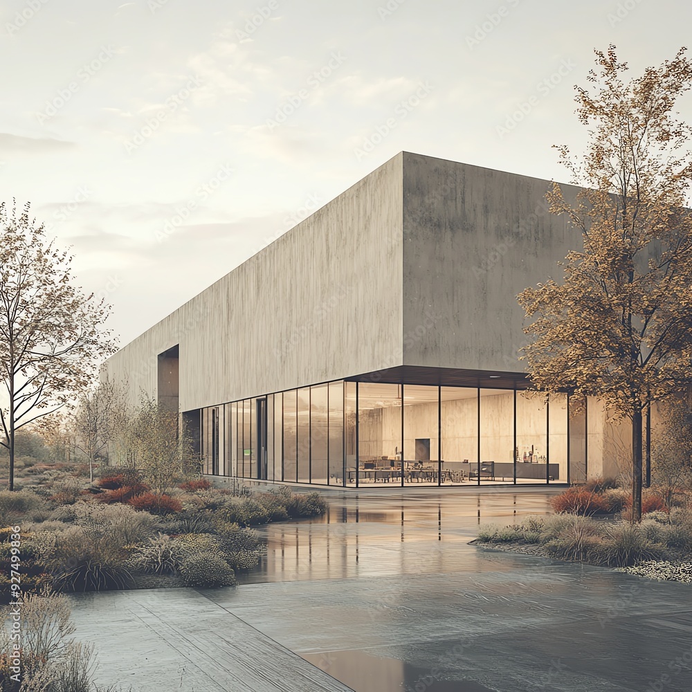 Artistic rendering of a factory with a textured concrete exterior and a ...