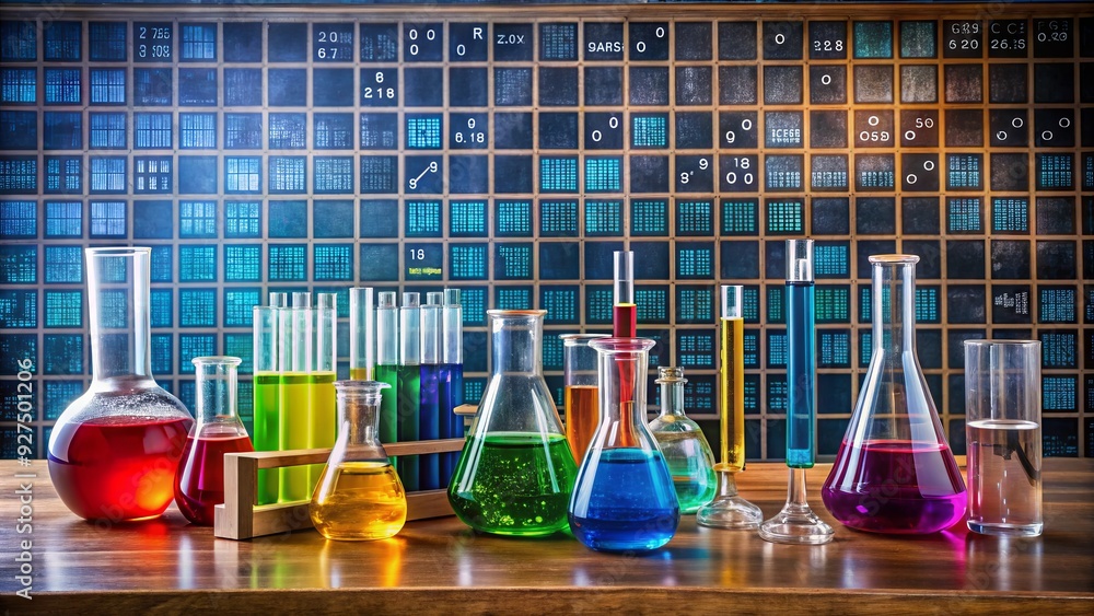Colorful periodic table of elements displayed on a blackboard ...