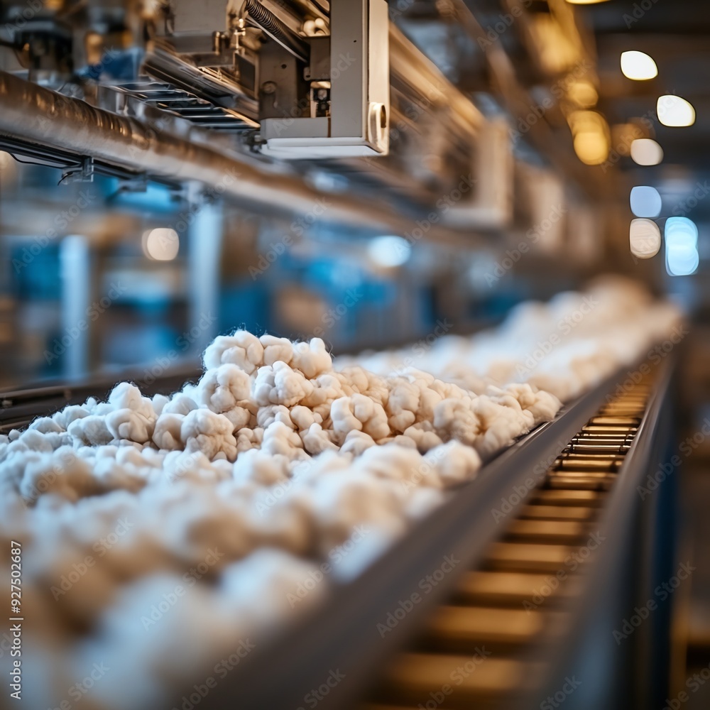 Raw cotton being processed in a modern textile factory, illustrating ...