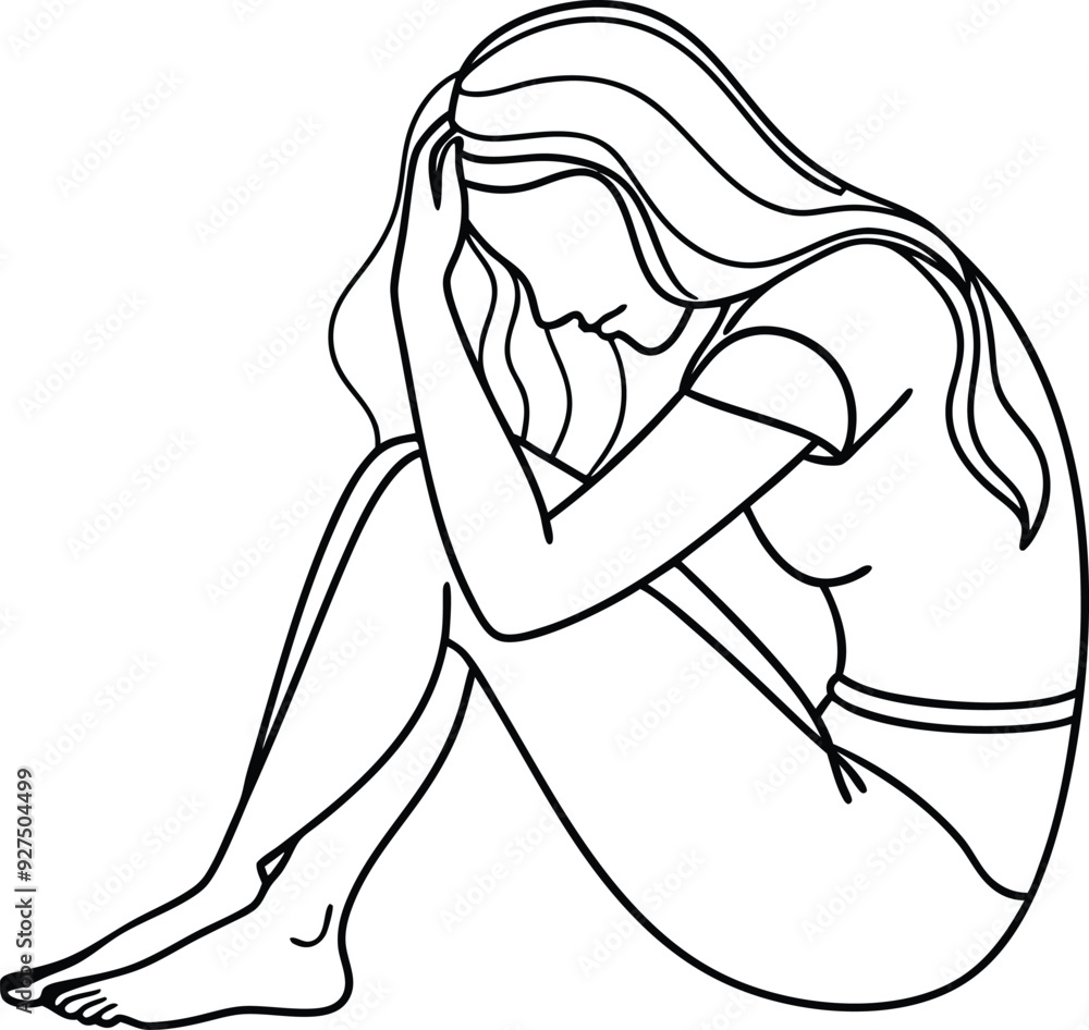 single line drawing of a woman in a sad mood sitting, line art vector ...