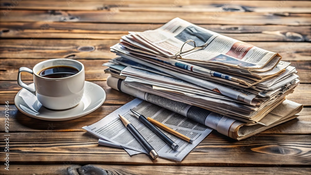 Crinkled and worn, a scattered pile of newspapers with varied headlines ...