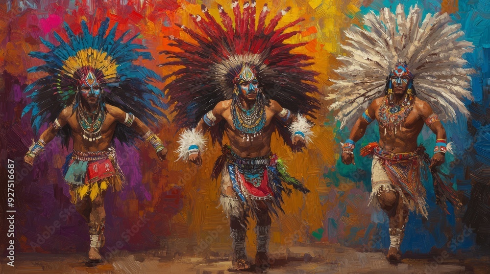 Three Native American men in traditional feathered headdresses and ...