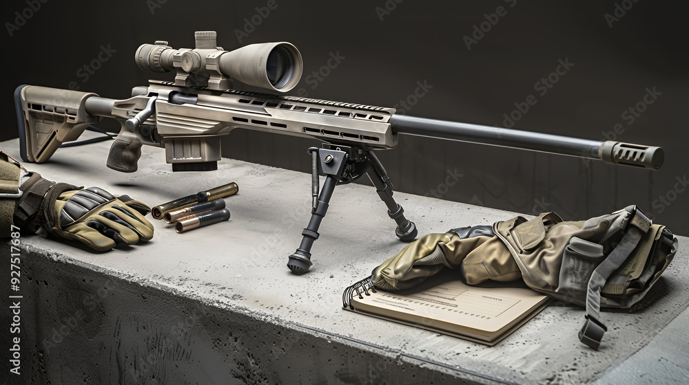 A sniper rifle with a scope, bipod, and gloves rests on a concrete ...