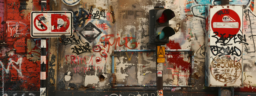 Urban street scene featuring vibrant graffiti art on a textured wall ...