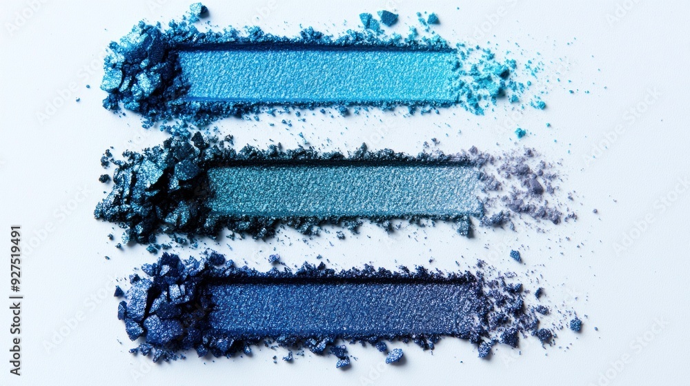 Three shades of blue crushed eyeshadow powders spread in parallel lines ...