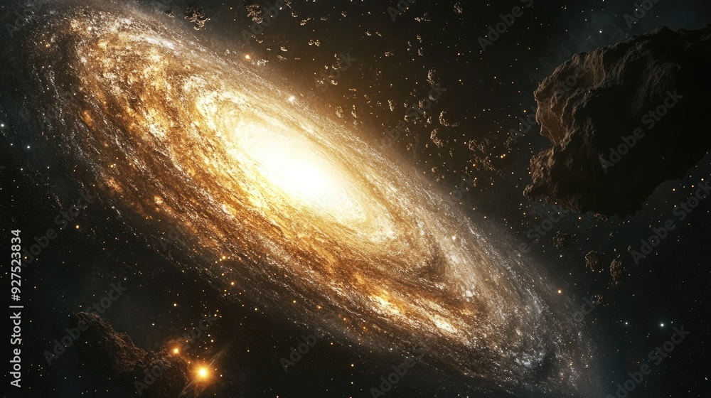 Digital 3D illustration showing the Andromeda galaxy collision with a ...
