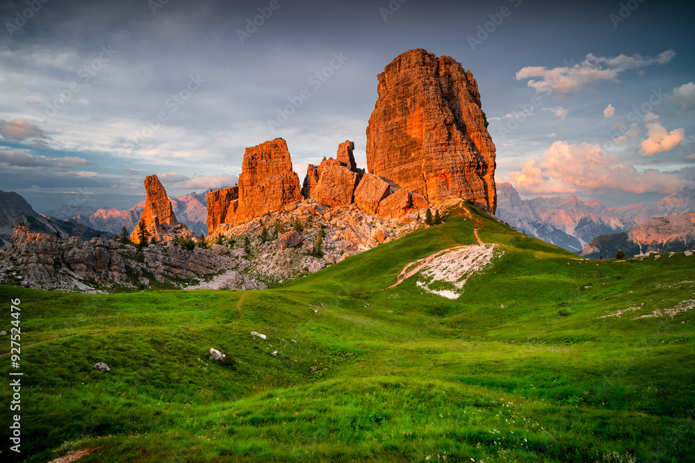 Cinque Torri during golden hour. Sunset in the Dolomites with a view on ...